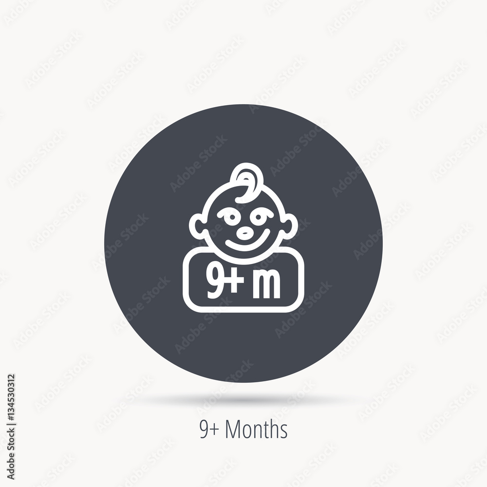 Baby face icon. Newborn child sign. Use of nine months and plus symbol ...