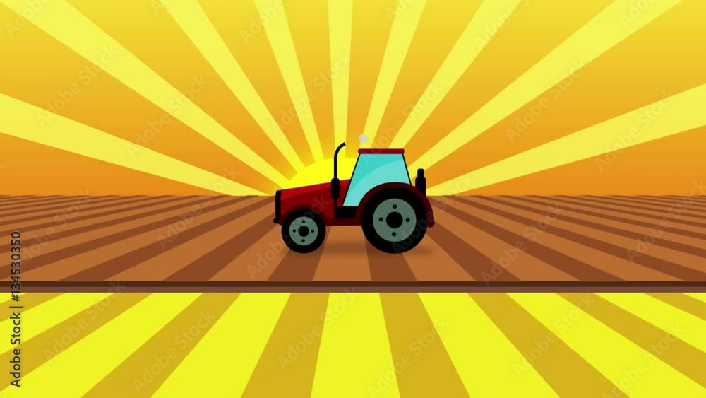 Cartoon tractor cycle animation in the farm over sunburst in sun set ...