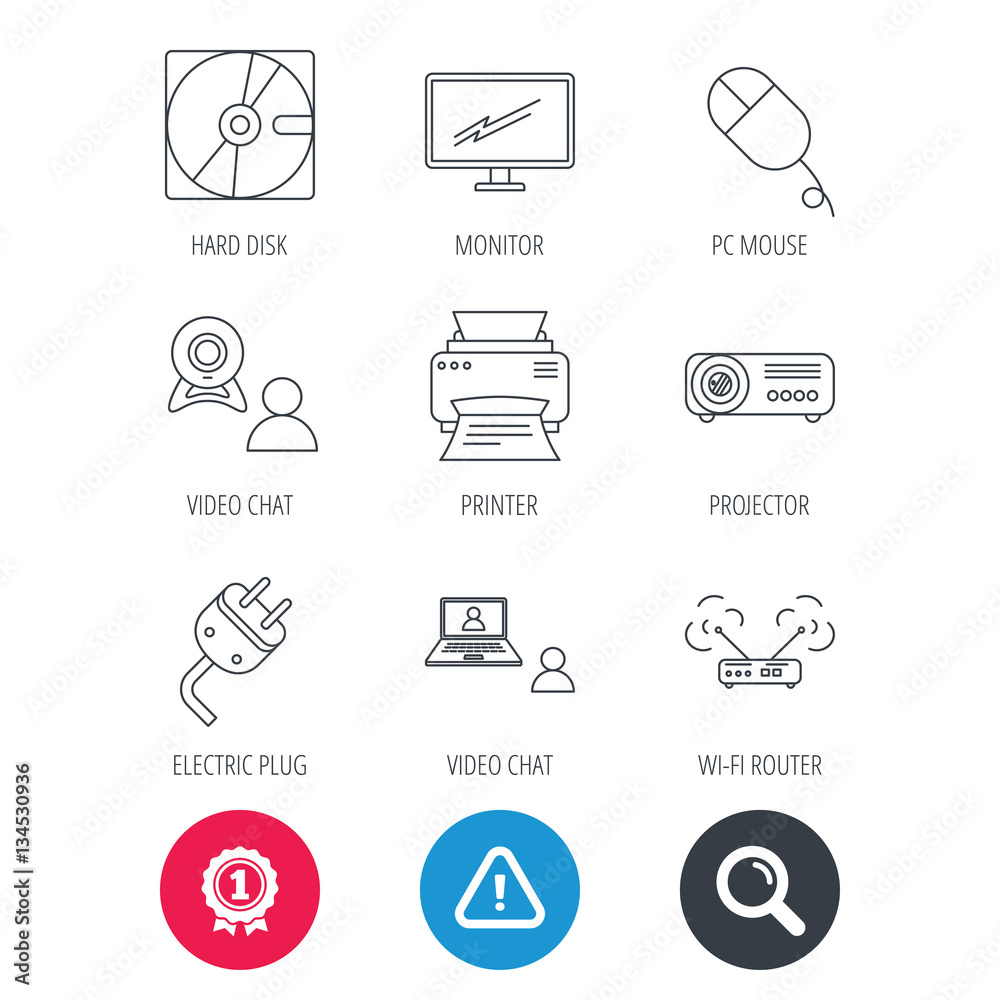Achievement and search magnifier signs. Monitor, printer and wi-fi ...