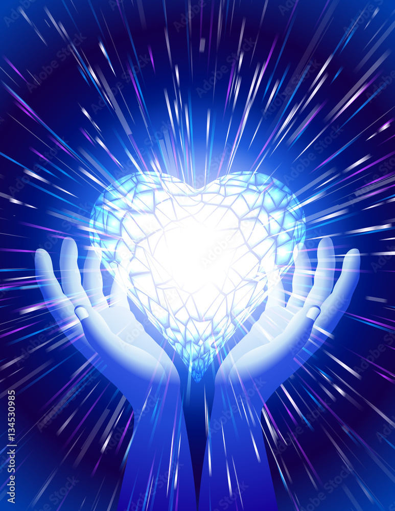 Heart in open hands with glowing beams illuminate the power of love ...