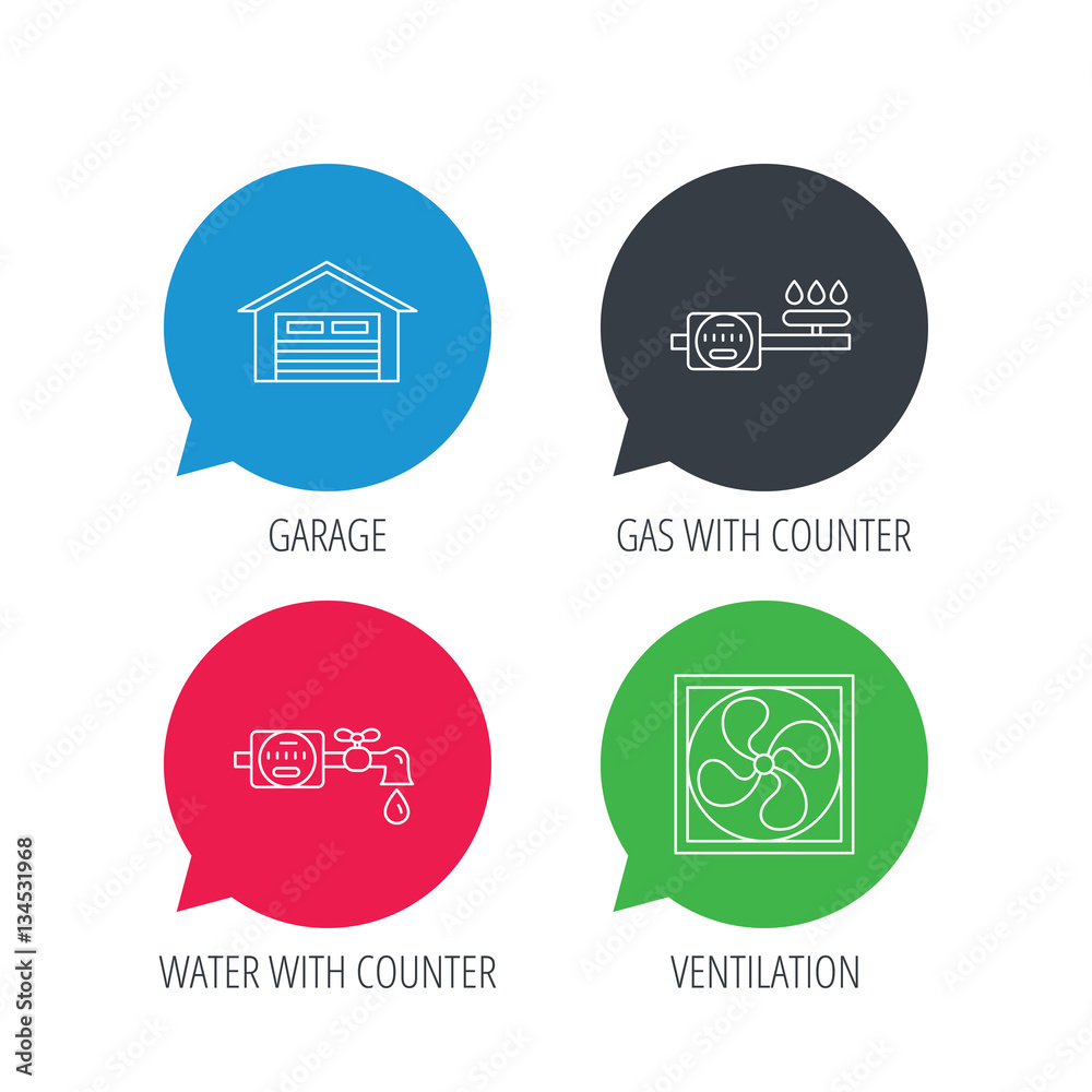 Colored speech bubbles. Ventilation, garage and water counter icons ...