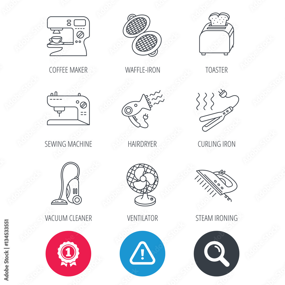 Achievement and search magnifier signs. Coffee maker, sewing machine ...