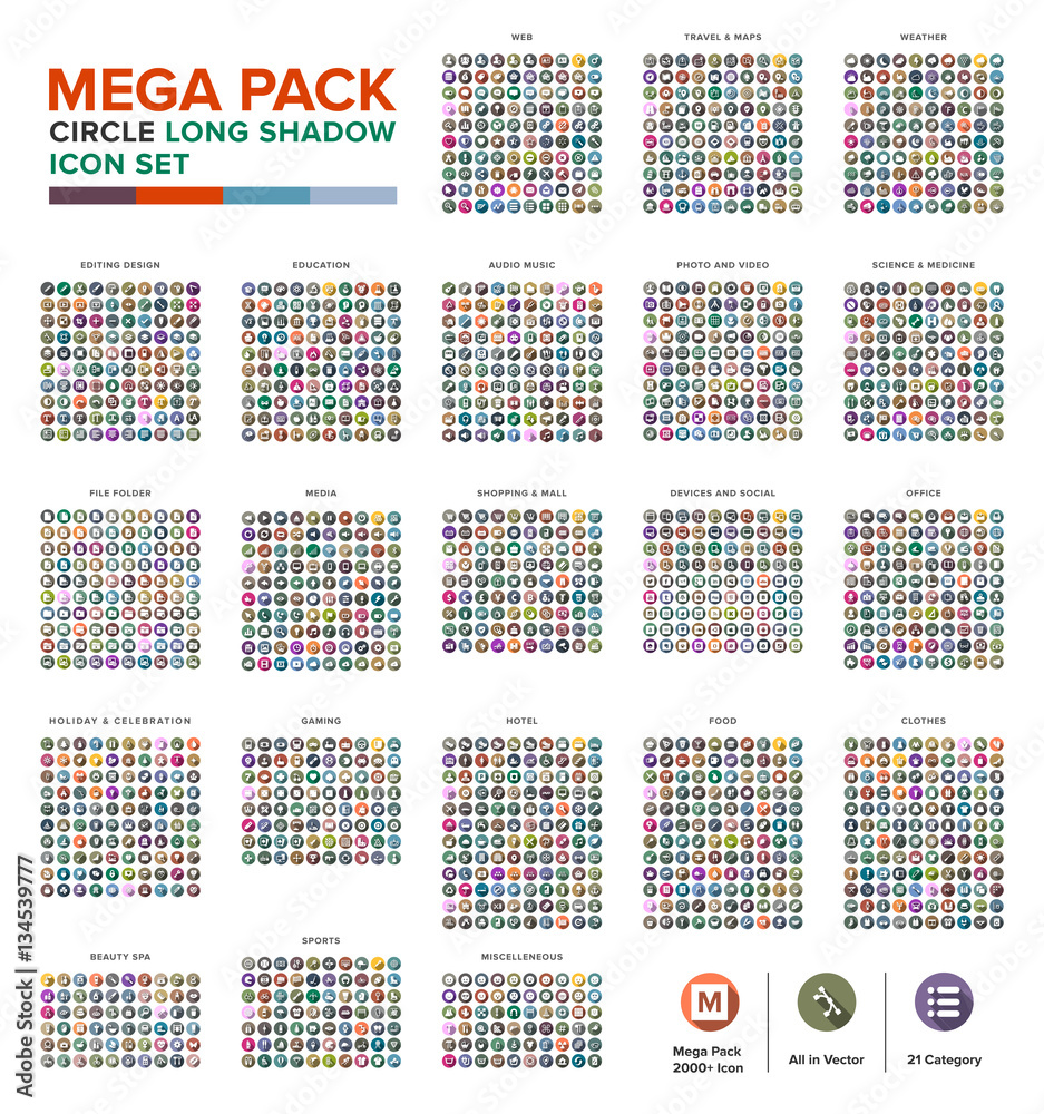Mega Pack Icon set bundle Circle long shadow Stock Vector | Adobe Stock