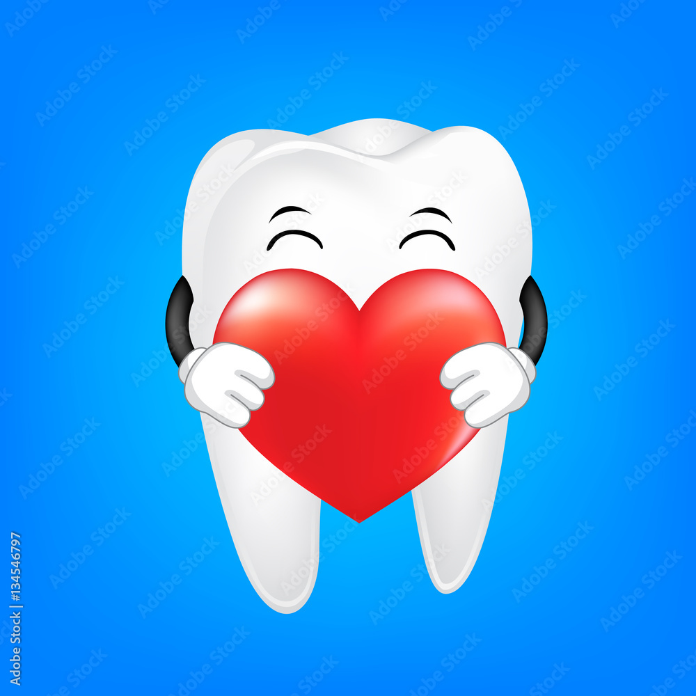 Cute cartoon tooth holding red heart. Dental care concept, illustration ...