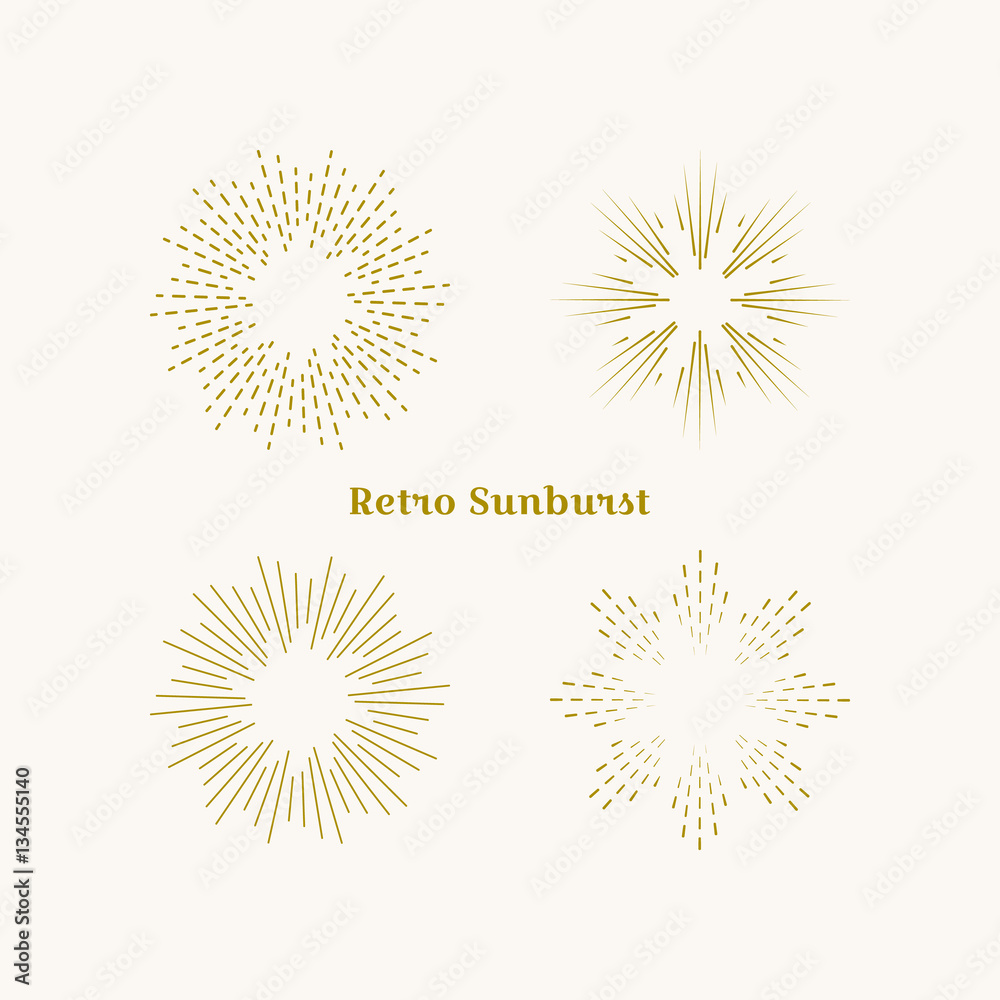 Sunburst frames set. Retro gold Sun burst shape. Vintage explosion logo ...