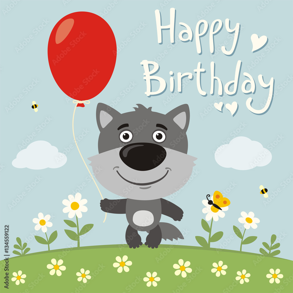 Happy birthday! Funny wolf with red balloon on flower meadow. Birthday ...