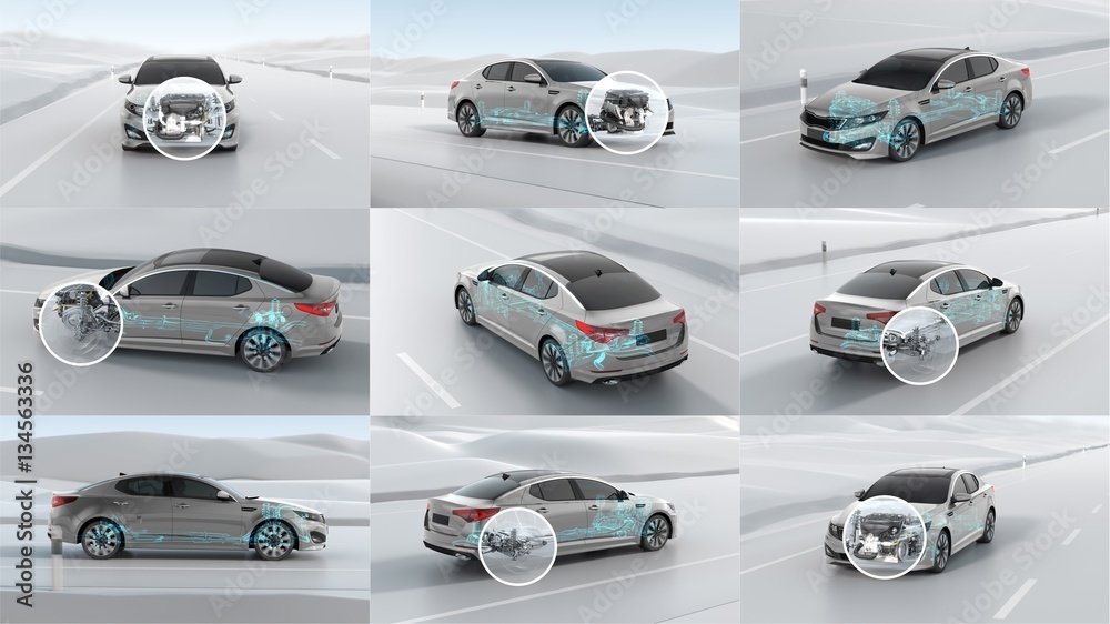 City car structure overview during driving. 3d illustration set Stock ...