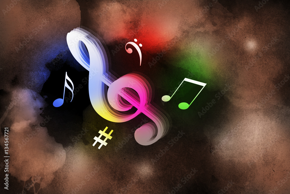 Rainbow treble clef, notes and other musical notation in the clouds ...