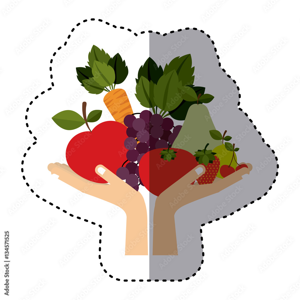 colorful sticker of hand holding several fruits and vegetables vector ...