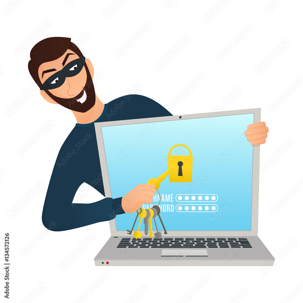 Concept of hacker criminal activity. Cartoon man breaking laptop ...