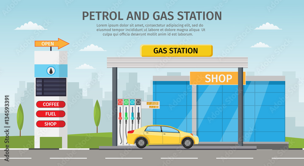 Gas filling station Vector flat illustration of oil service with shop ...