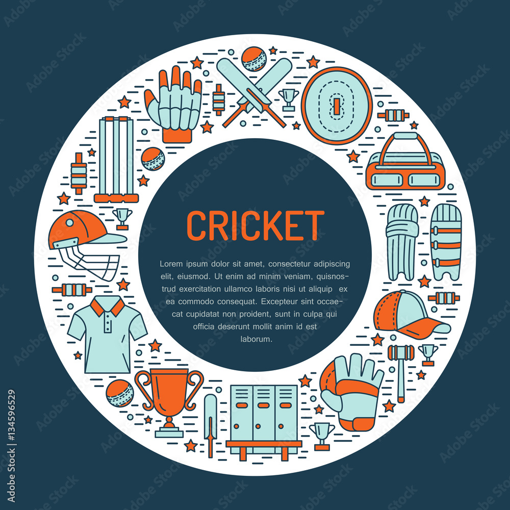 Cricket banner with line icons of ball, bat, field, wicket, helmet ...