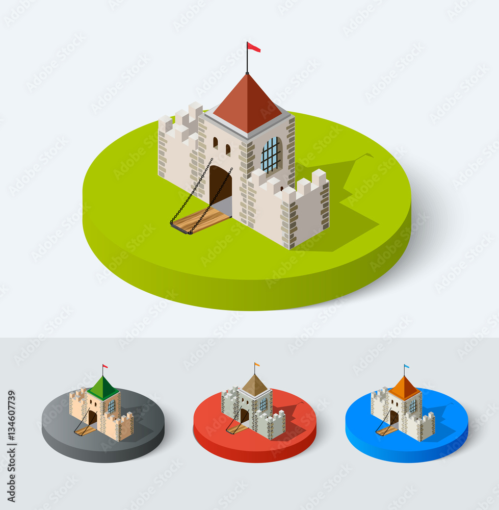 Medieval castle icon vector set. Fort tower isometric building city ...