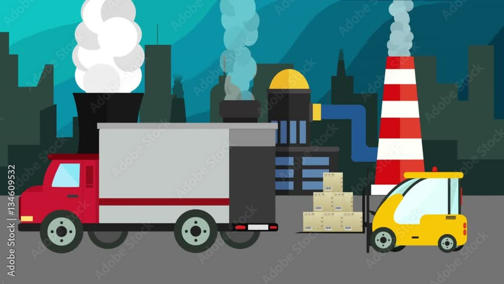 Cartoon animation of a forklift Loader load boxes into a truck over ...