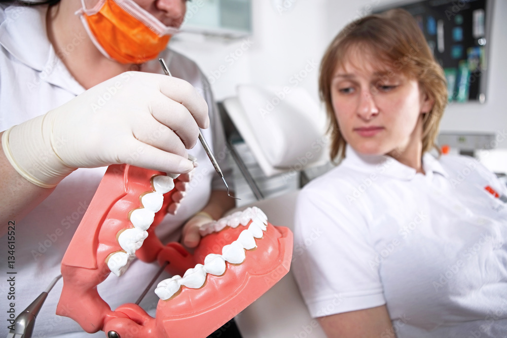 Zahnärztin erklärt Patientin das Gebiss Stock Photo | Adobe Stock