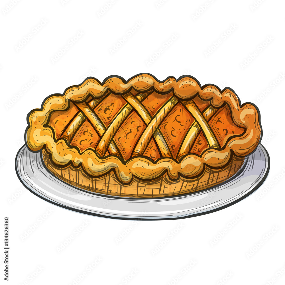 Colorful sketch style cartoon illustration of pie, traditional ...