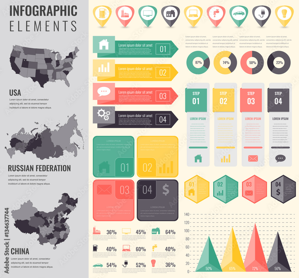 Infographic Elements Set with maps of the countries USA, China, Russian ...