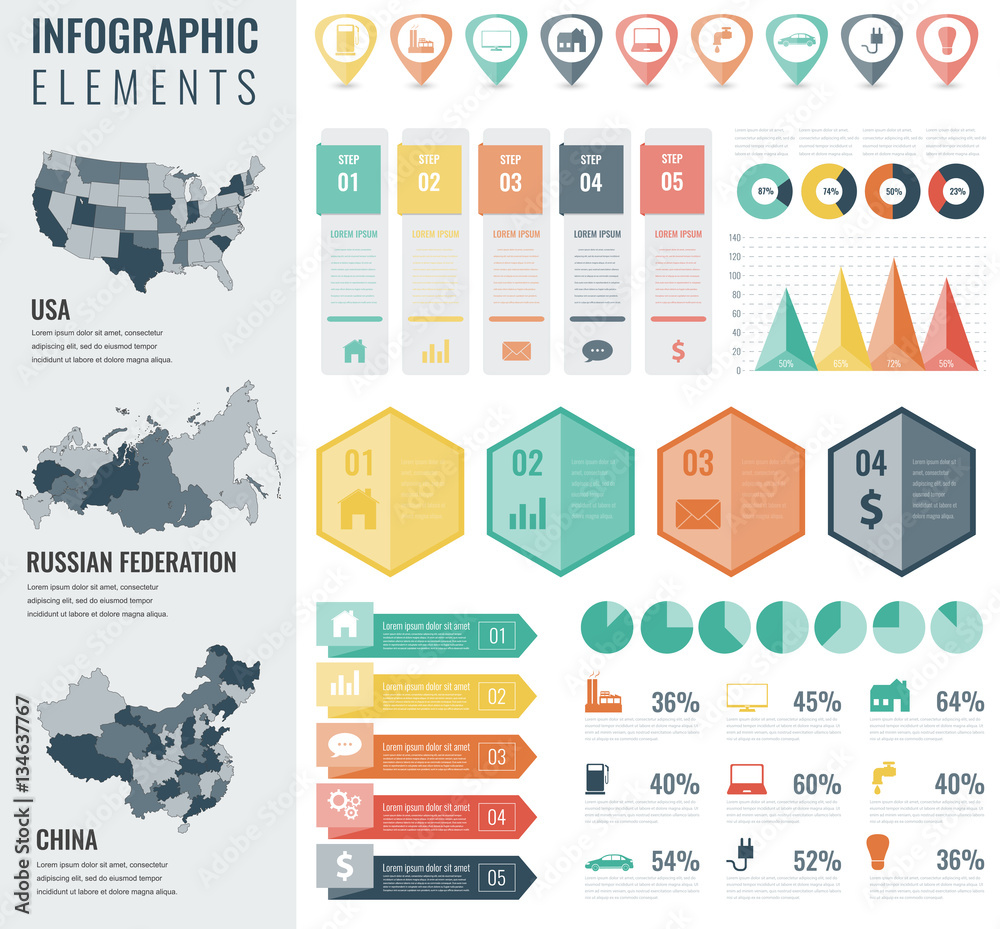 Infographic Elements Set with maps of the countries USA, China, Russian ...