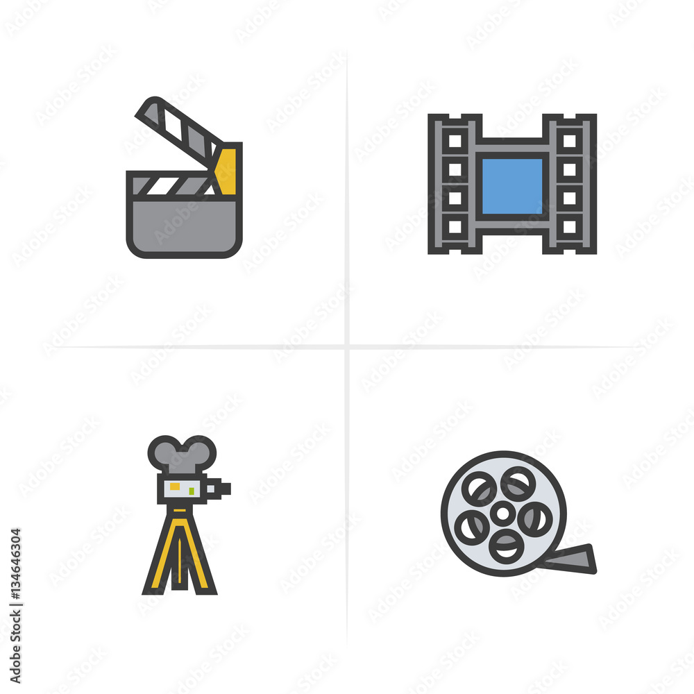 Filming color icons set. Film camera, video, reel, movie clapperboard ...