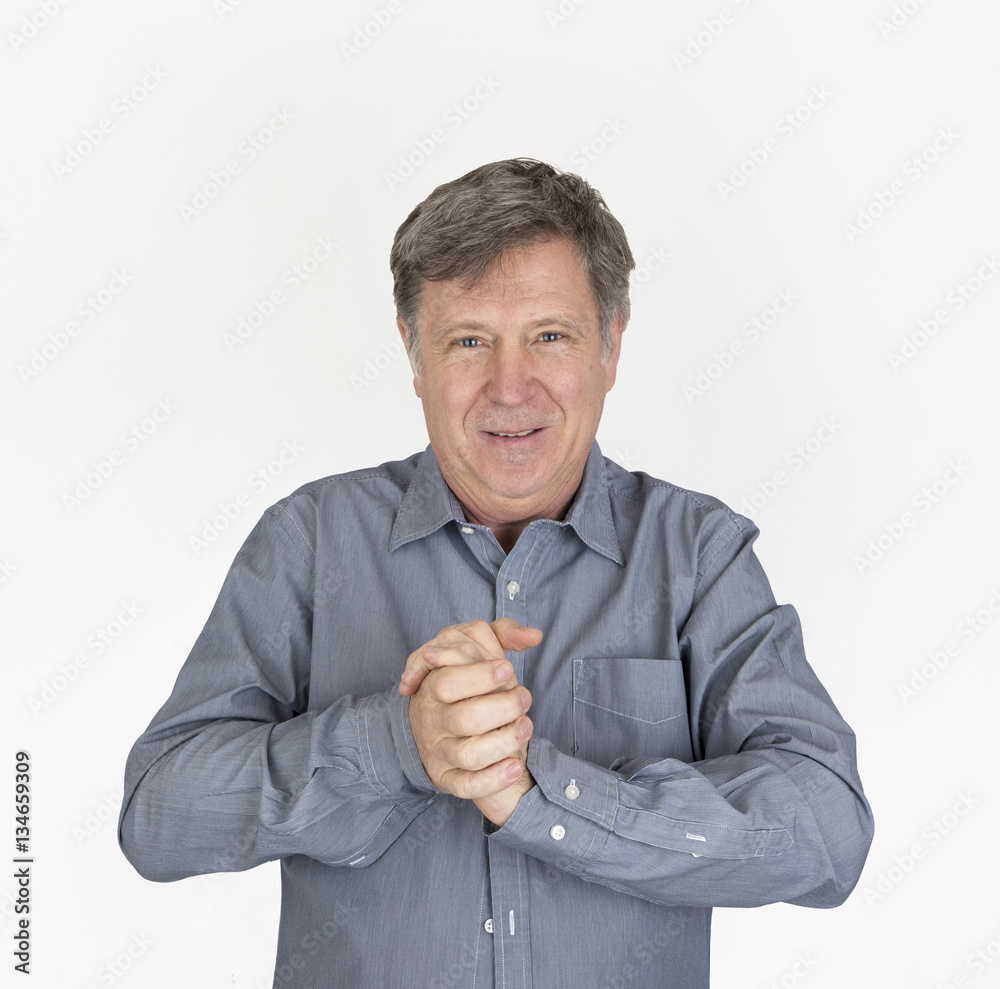 portrait of handsome man in shirt with hand gestures Stock Photo ...