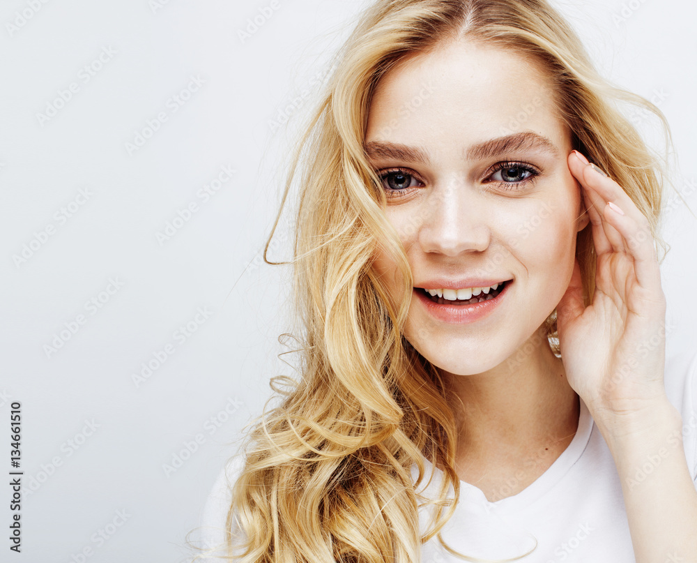young pretty blond teenage girl emotional posing, happy smiling ...