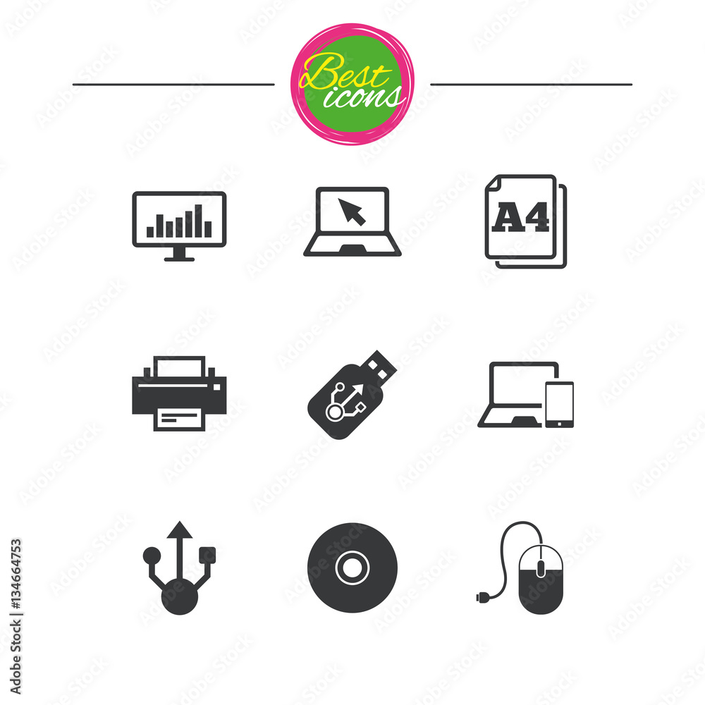Computer devices icons. Printer, laptop signs. Stock Vector | Adobe Stock