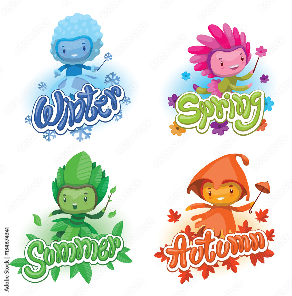Vector set of emblems with cartoon images of cute fairies of the ...