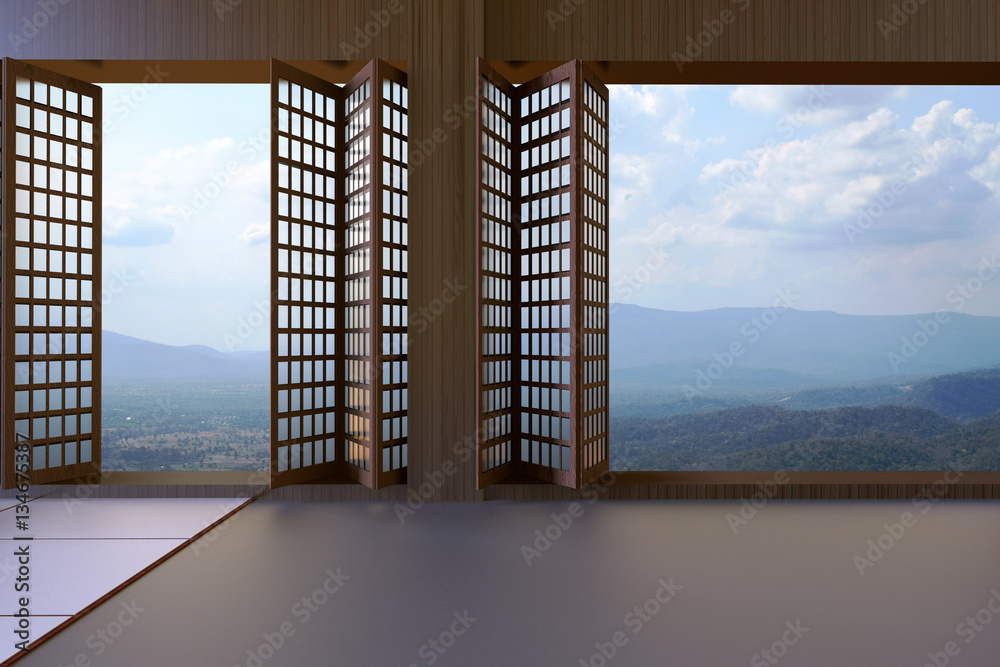 Simple Modern Japanese living room Clean window and views of mountains ...