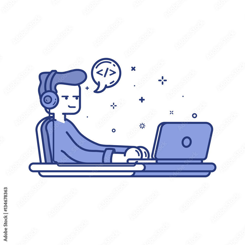 Vector illustration of blue icon in flat line style. Linear cute and ...