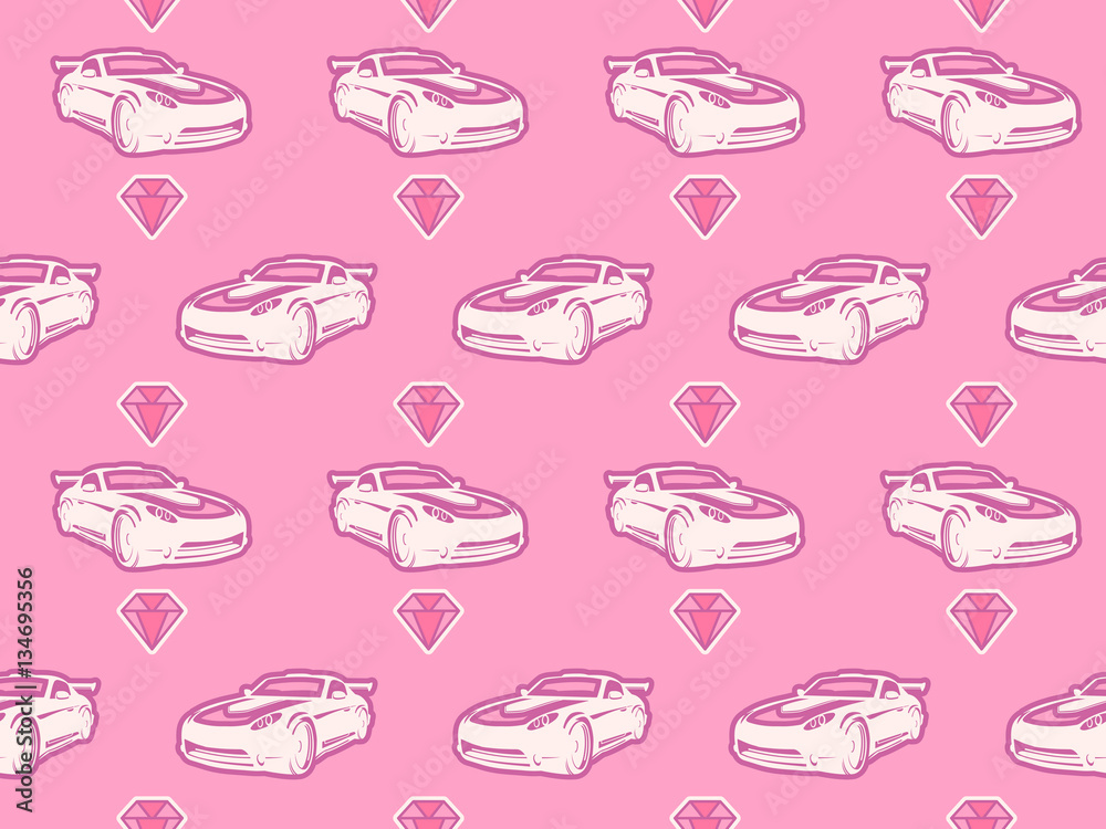 Doodle car background pink. Seamless baby pattern in vector. Texture ...