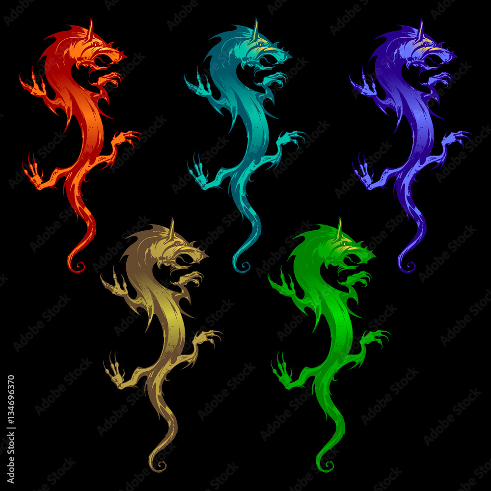 Set on fire dragons of different colors on a black background. Chinese ...