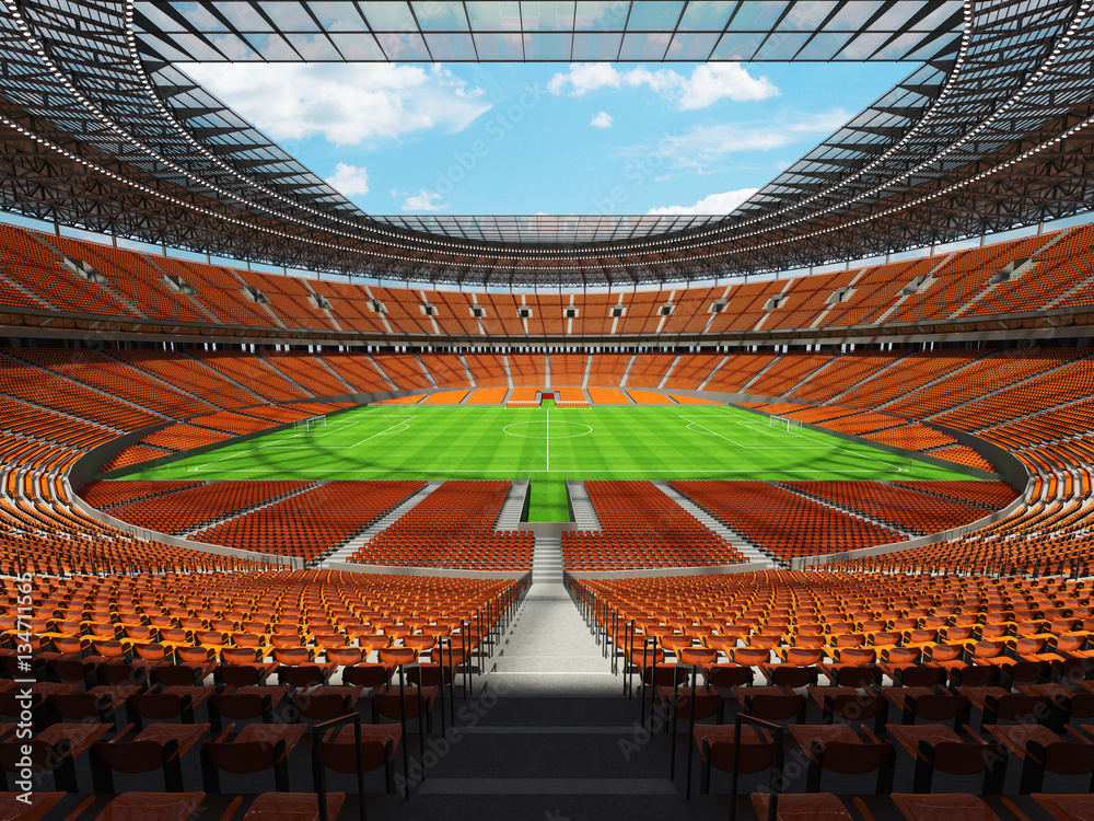3D render of a round football - soccer stadium with orange seats and ...