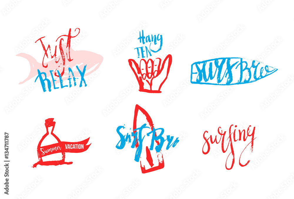 Vector surfing club logos in grunge hand drawn style. Hipster surf ...