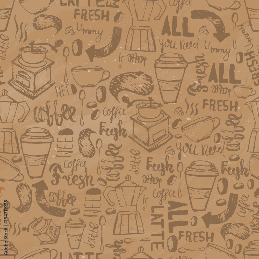 Seamless doodle coffee pattern with lettering on craft old paper ...
