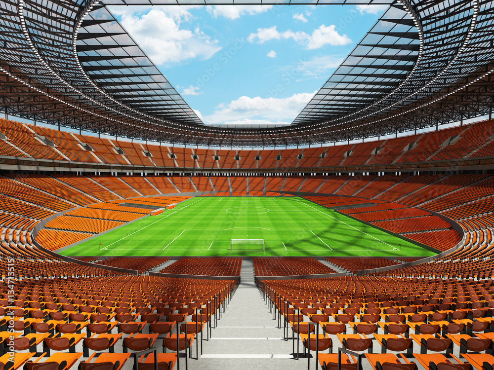 3D render of a round football - soccer stadium with orange seats and ...