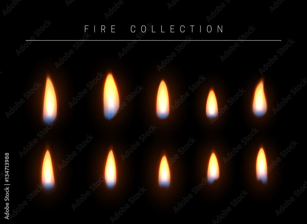 Realistic fire flame isolated light effect. Open yellow fire gas ...