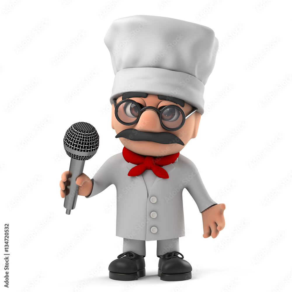 3d Funny cartoon Italian pizza chef character sings into the microphone ...