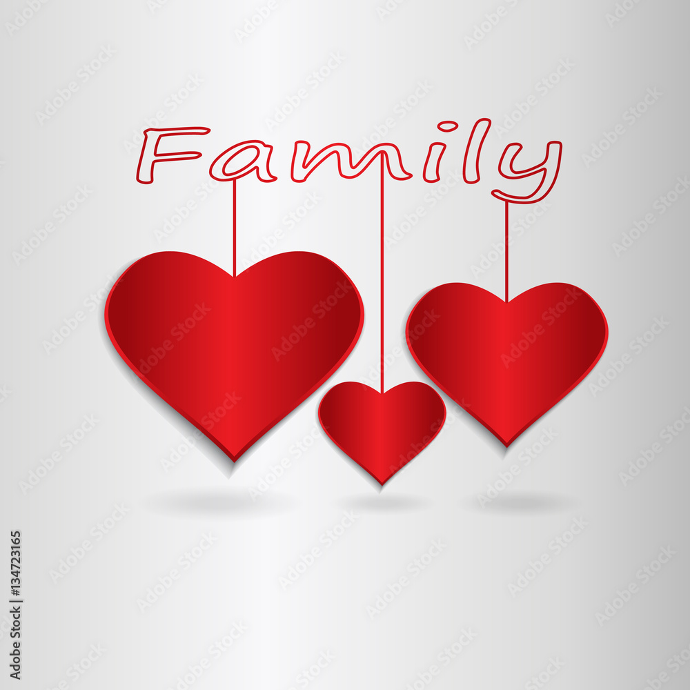Three red hearts hanging on the word family. Vector illustration Stock ...