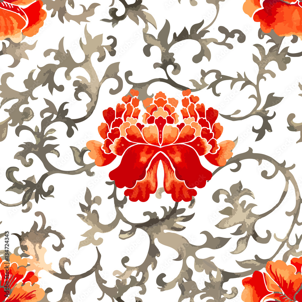 Seamless chinese pattern. Watercolor style wallpaper with floral ...