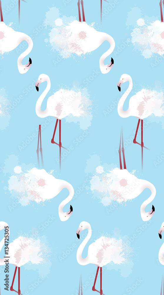 Seamless texture of white flamingos with watercolor splashes on a blue ...