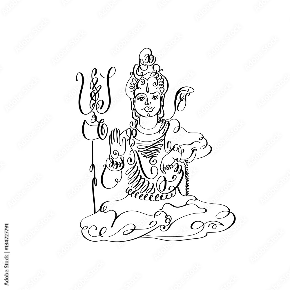 line art Lord Shiva black and white calligraphic drawing Stock Vector ...
