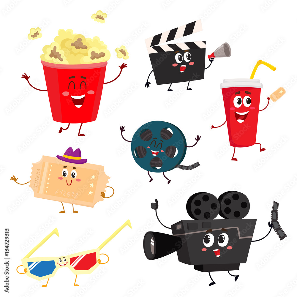 Cute and funny cinema, movie characters like popcorn bucket, plastic ...