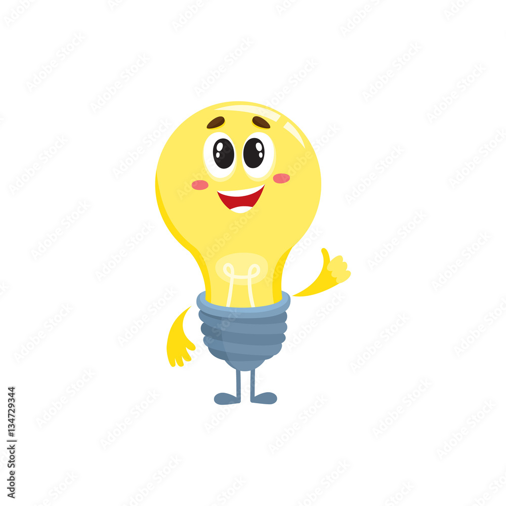 Cute light bulb character with funny face, showing thumb up cartoon ...