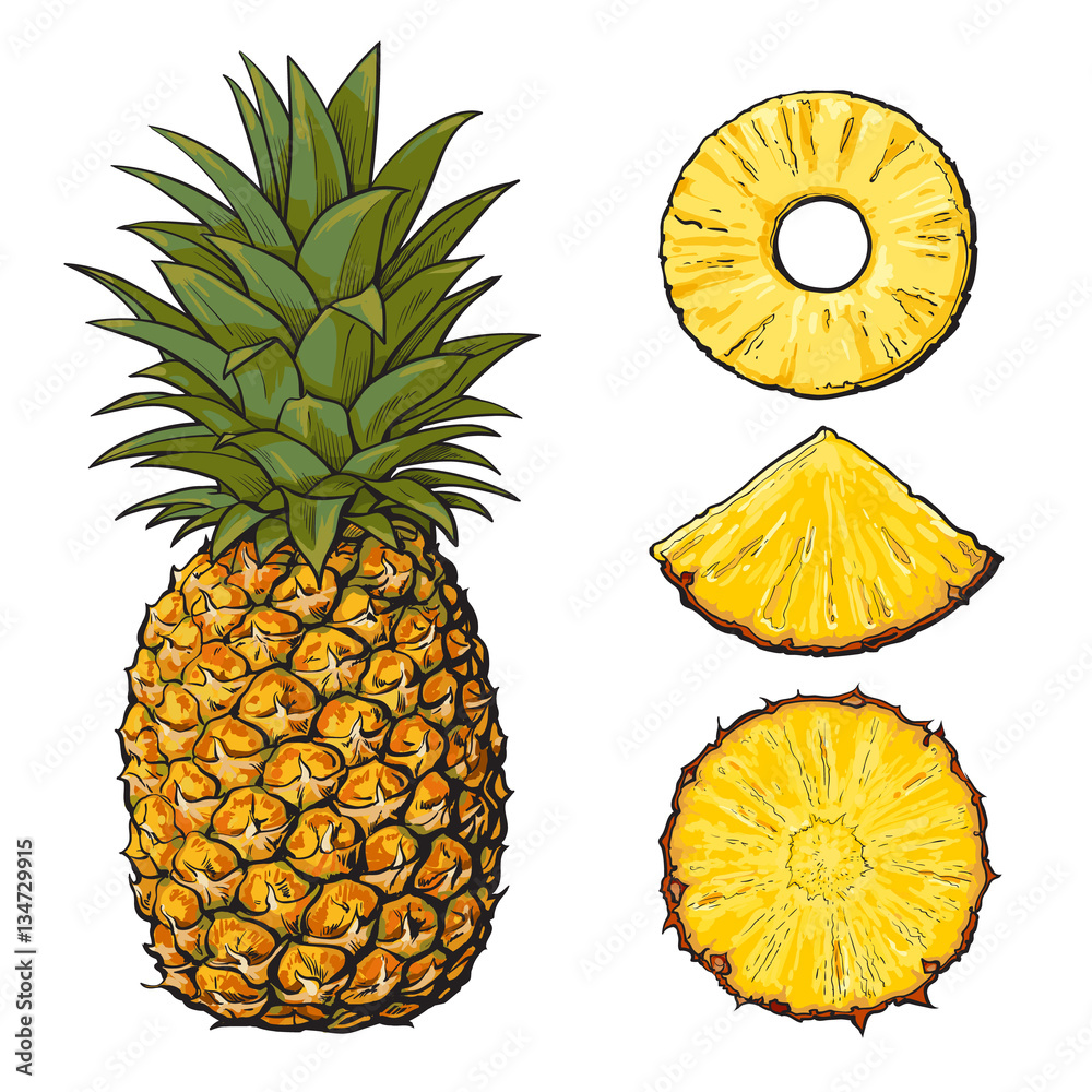Whole pineapple and three types of slices - round peeled, unpeeled ...