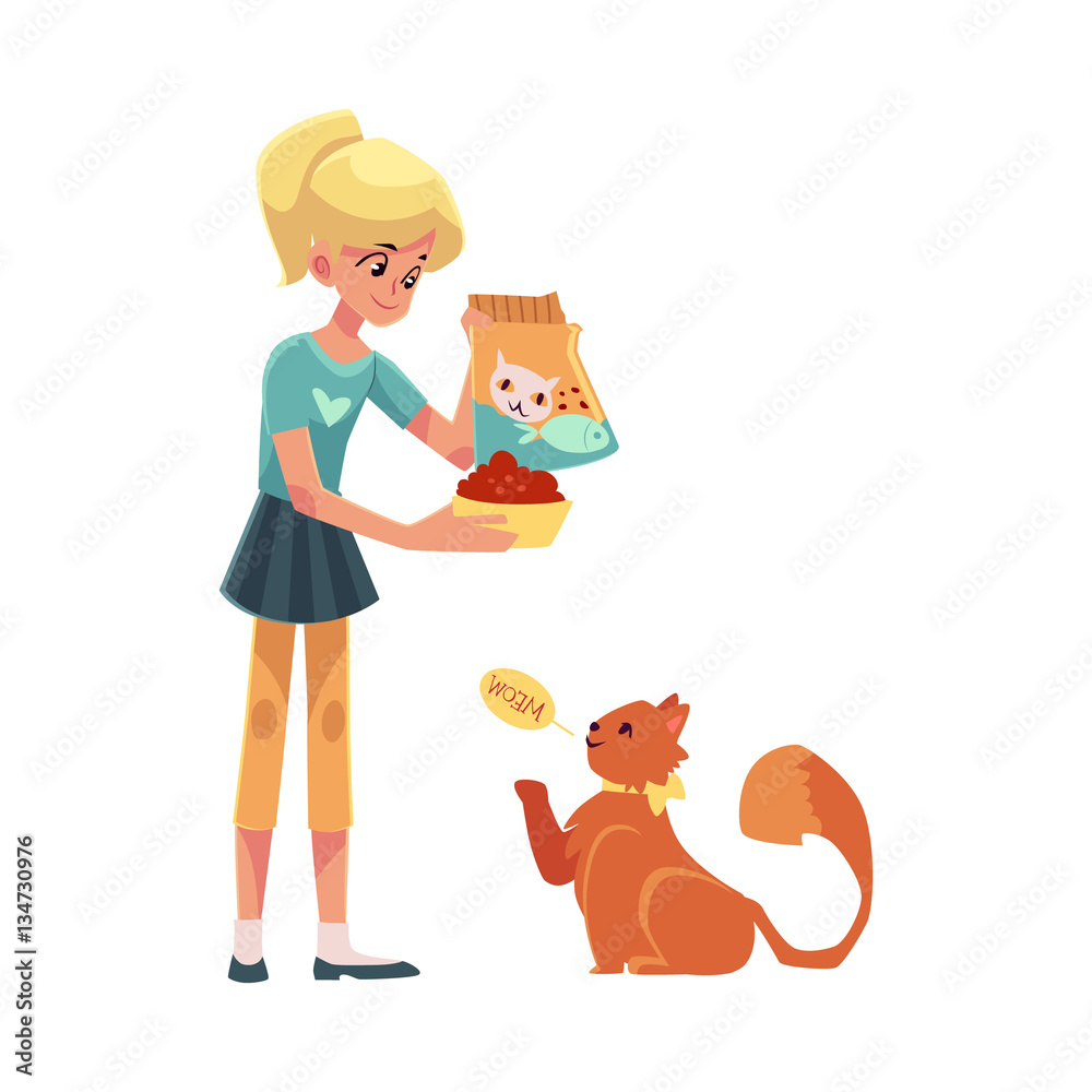Teenage Girl Giving Food To Her Fluffy Red Cat Cartoon Vector Illustration On White Background