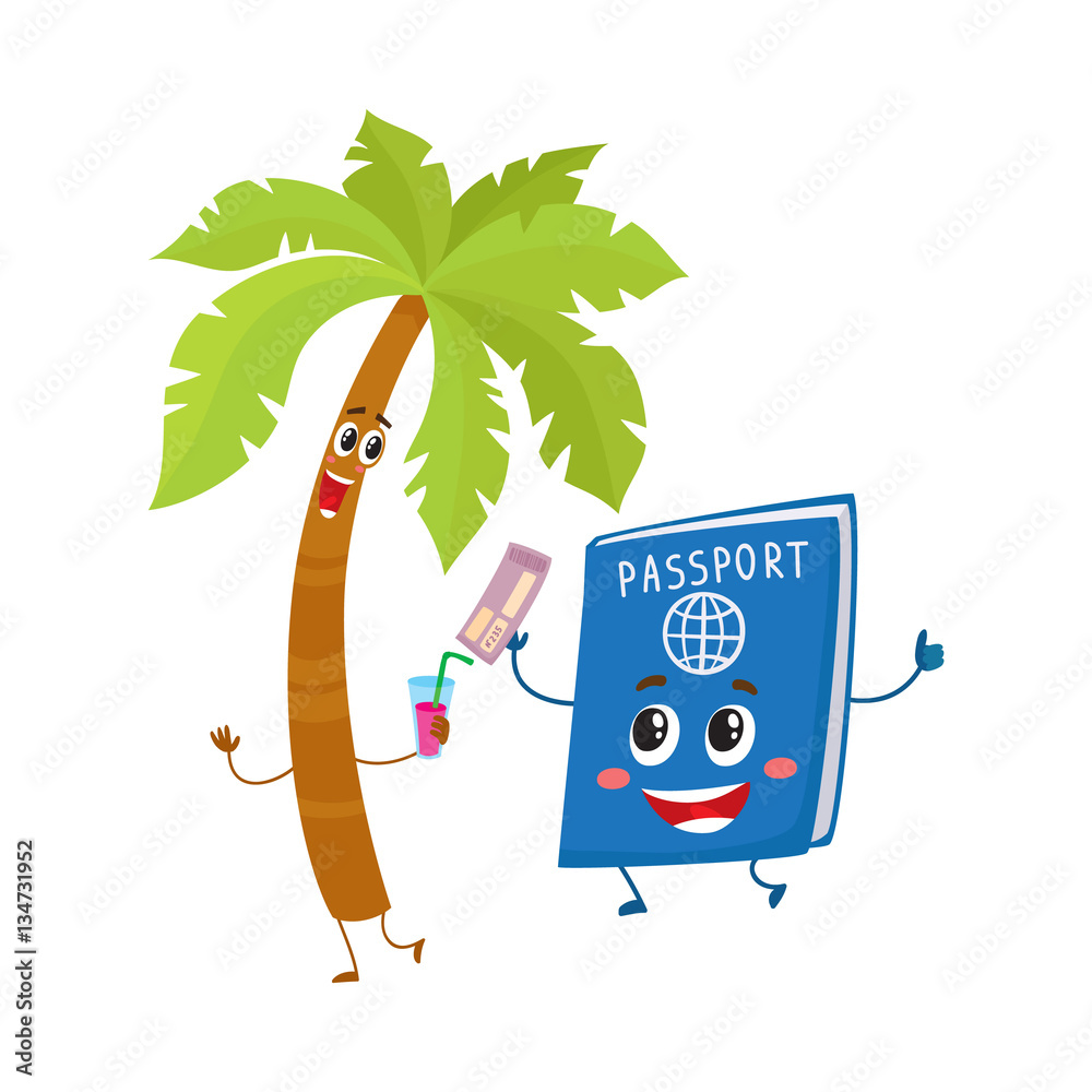 Funny palm tree and passport characters, travelling, summer vacation ...