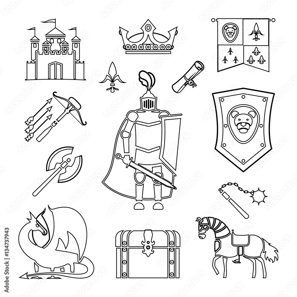 Knighthood in Middle Ages line art Icons. Medieval ancient armor and ...