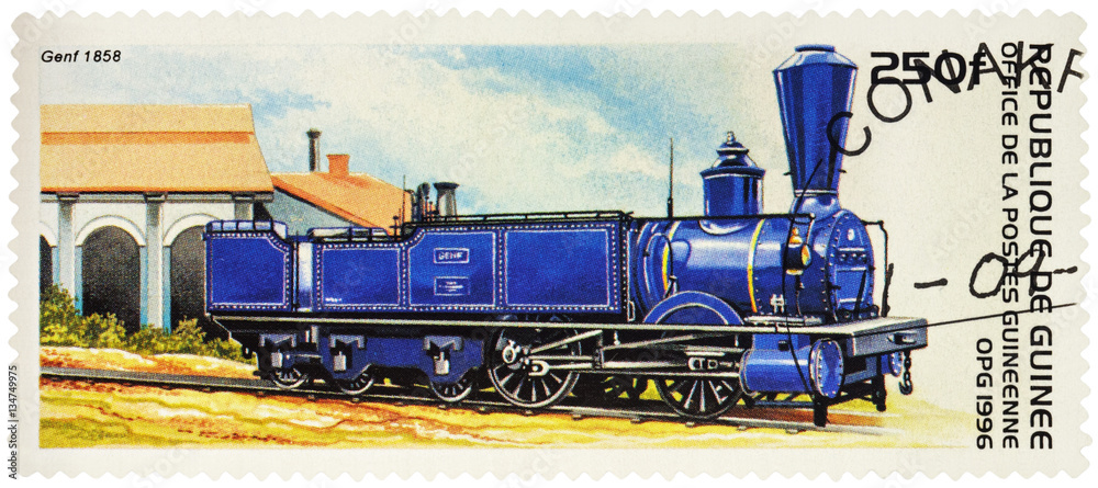 Old steam locomotive Genf (1858) on postage stamp Stock Photo | Adobe Stock
