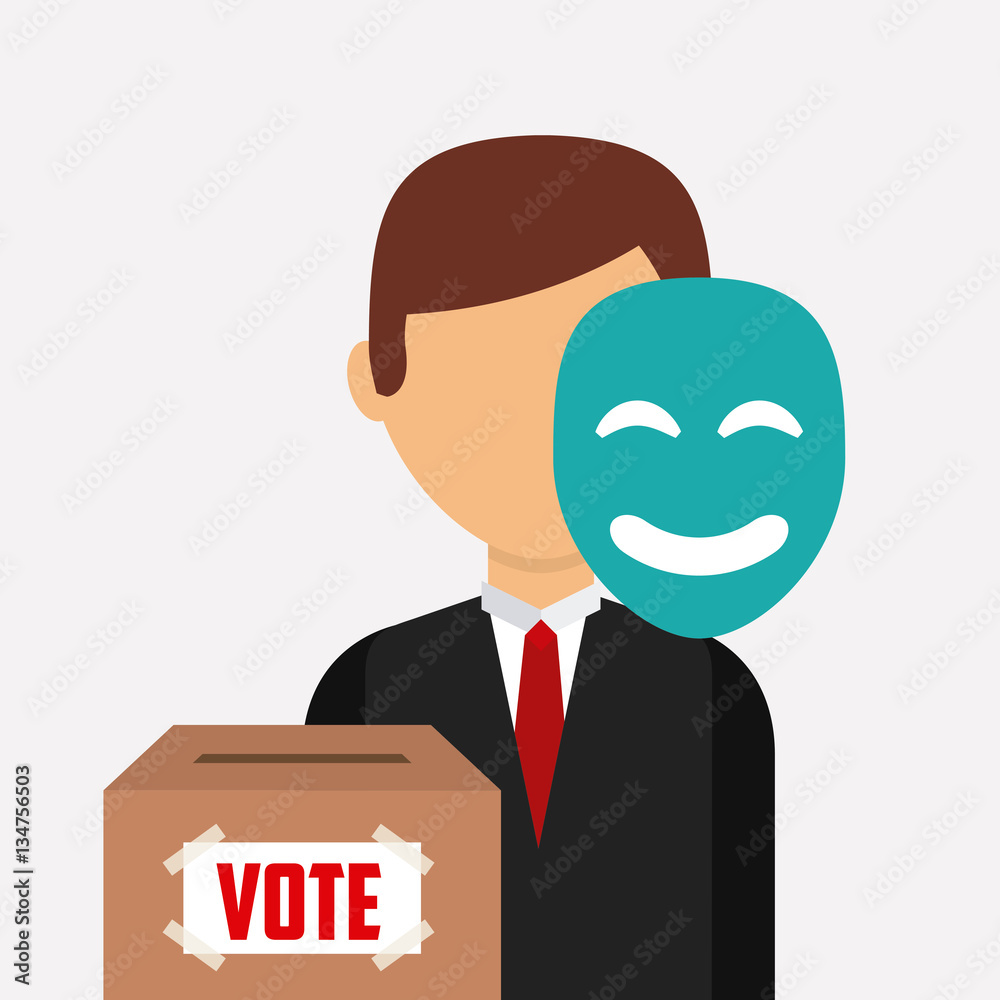 election candidate with mask and box of vote over white background ...