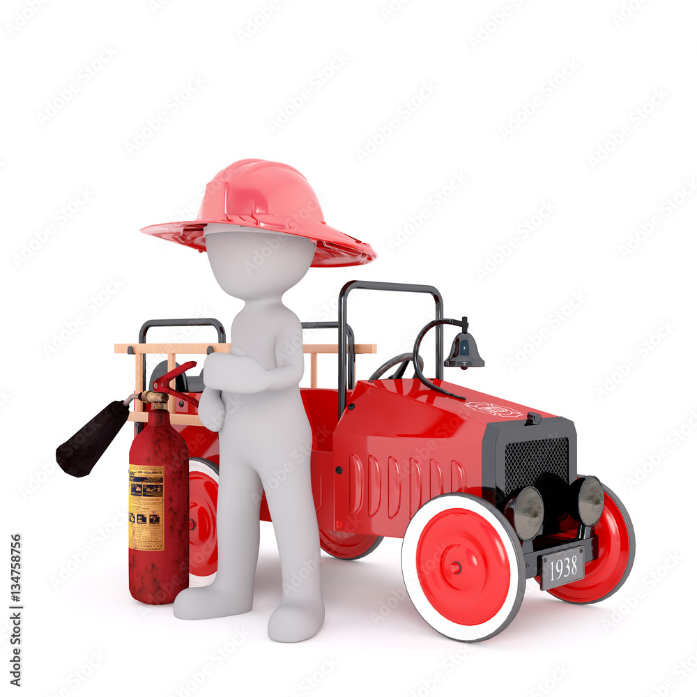 Cartoon Fire Fighter Standing by Red Fire Truck Stock Illustration ...